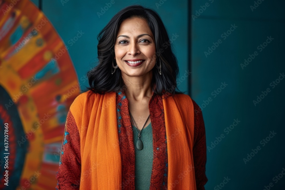 Lifestyle portrait of an Indian woman in her 40s in an abstract ...
