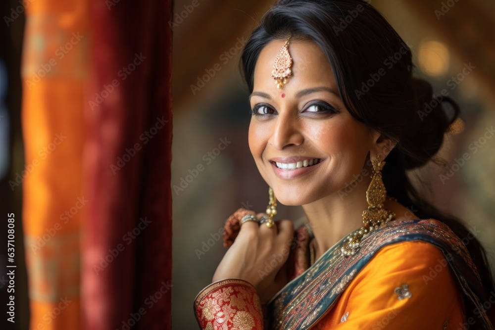 Lifestyle portrait of an Indian woman in her 40s wearing sherwani in an ...