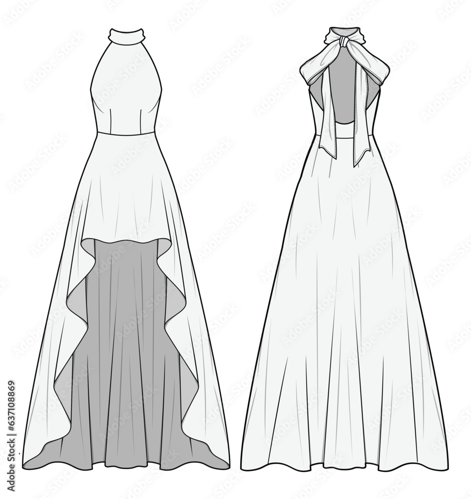 Front Short Dipped Hem Back Long Halter Neck Dress Front And Back View
