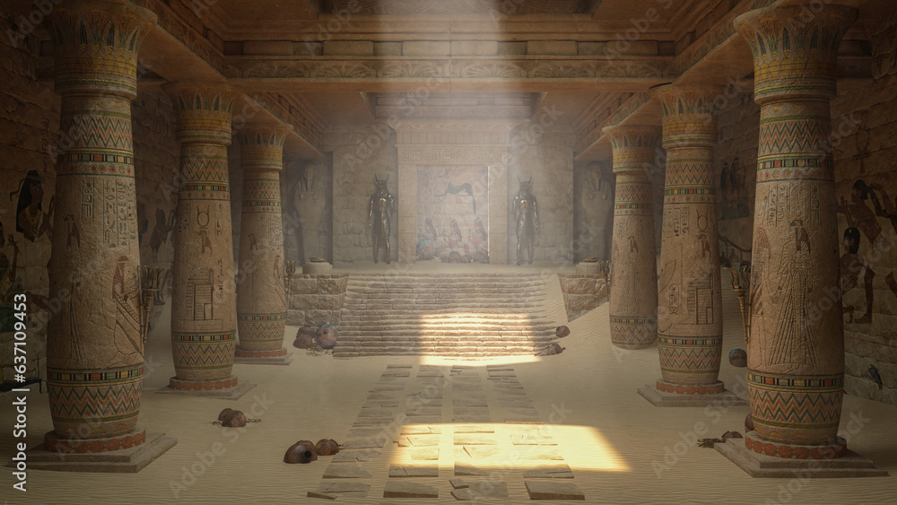 Ancient Egyptian temple ruin interior with decorated columns and steps ...