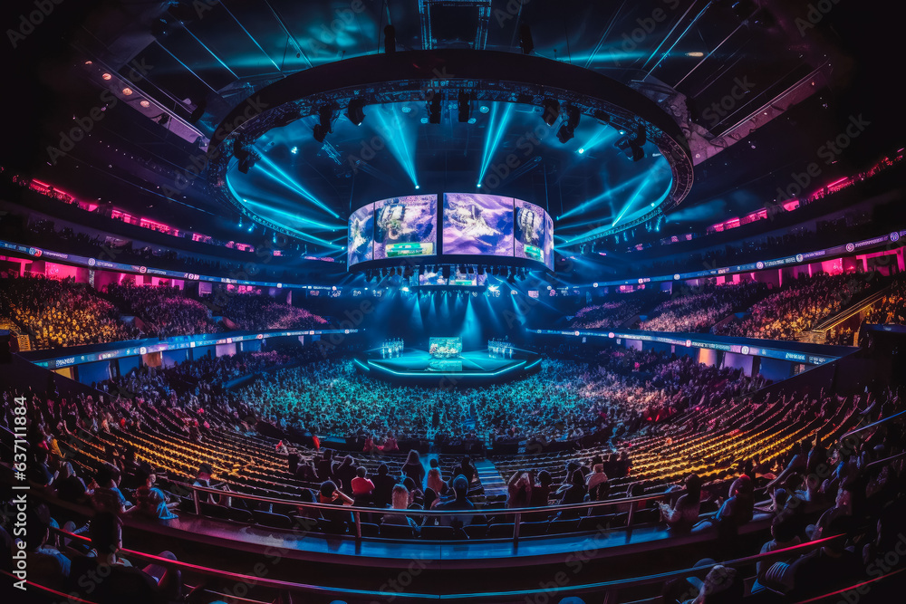 Inside of full E sport Arena, crowds of people sitting down and ...