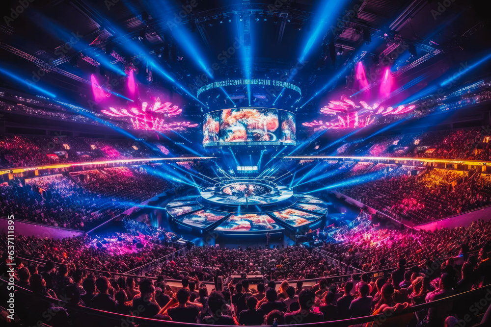 Inside of full E sport Arena, crowds of people sitting down and ...