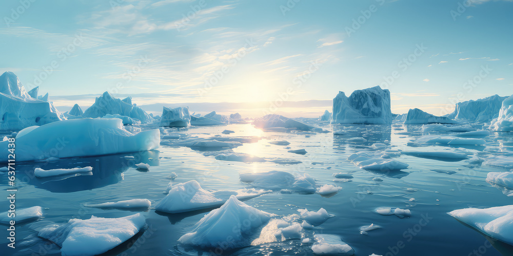 Glacier melting into the ocean. Climate change concept, global warming, rising sea levels ...