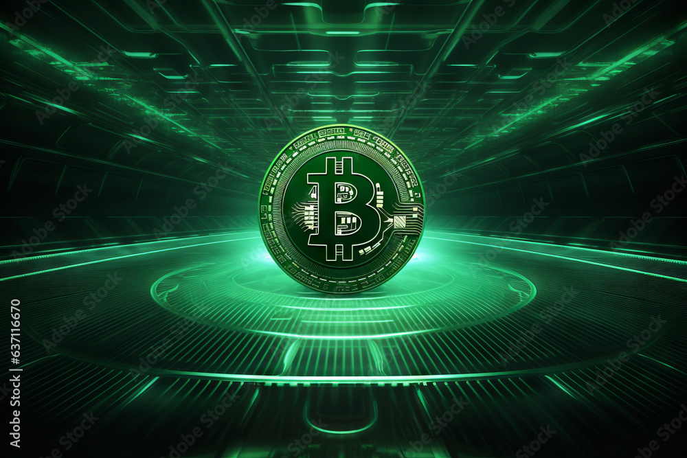 Crypto currency Bitcoin (BTC): Bitcoin golden coins on a chart, Blockchain technology, bitcoin ...