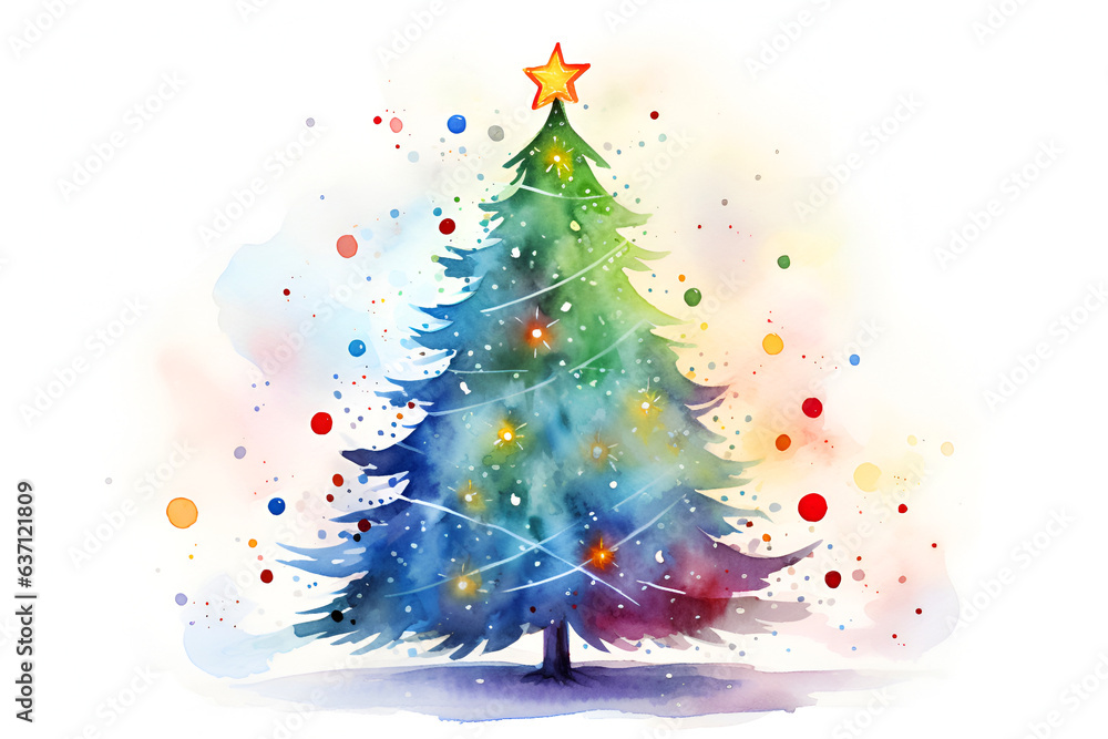 Watercolor Christmas Tree Silhouette With Garlands, Magic Lights and ...