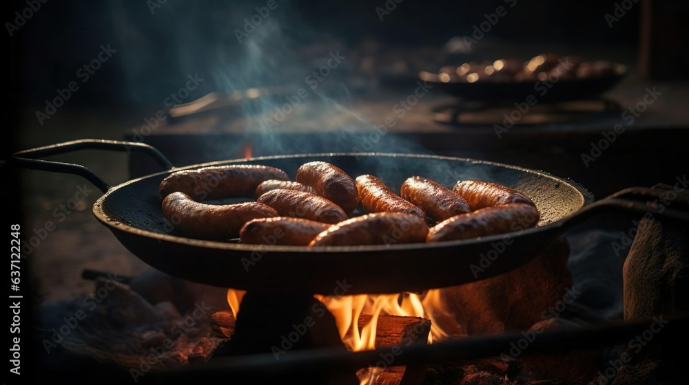 Delicious hot barbecue frankfurters sausages are cooked on fire on a ...