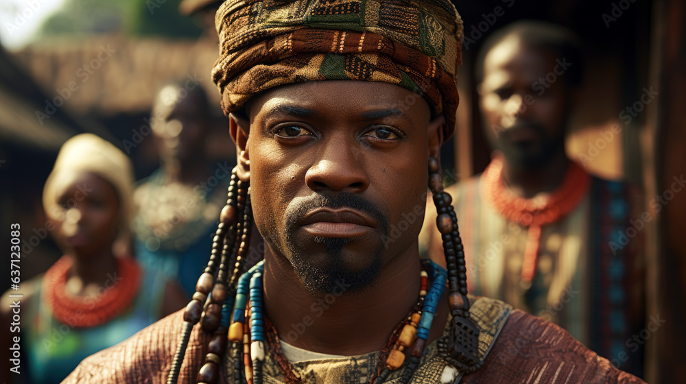 Nigerian Nollywood actor on a colorful set, dressed in either ...