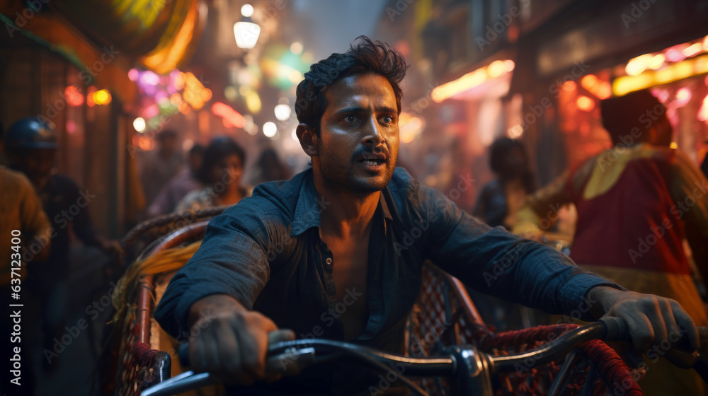 Bangladeshi rickshaw puller on a colorful cycle rickshaw, wearing ...