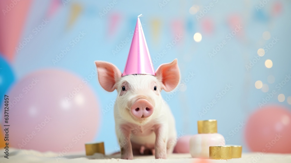 Excited pink pig wearing a birthday party hat, eagerly waiting to ...