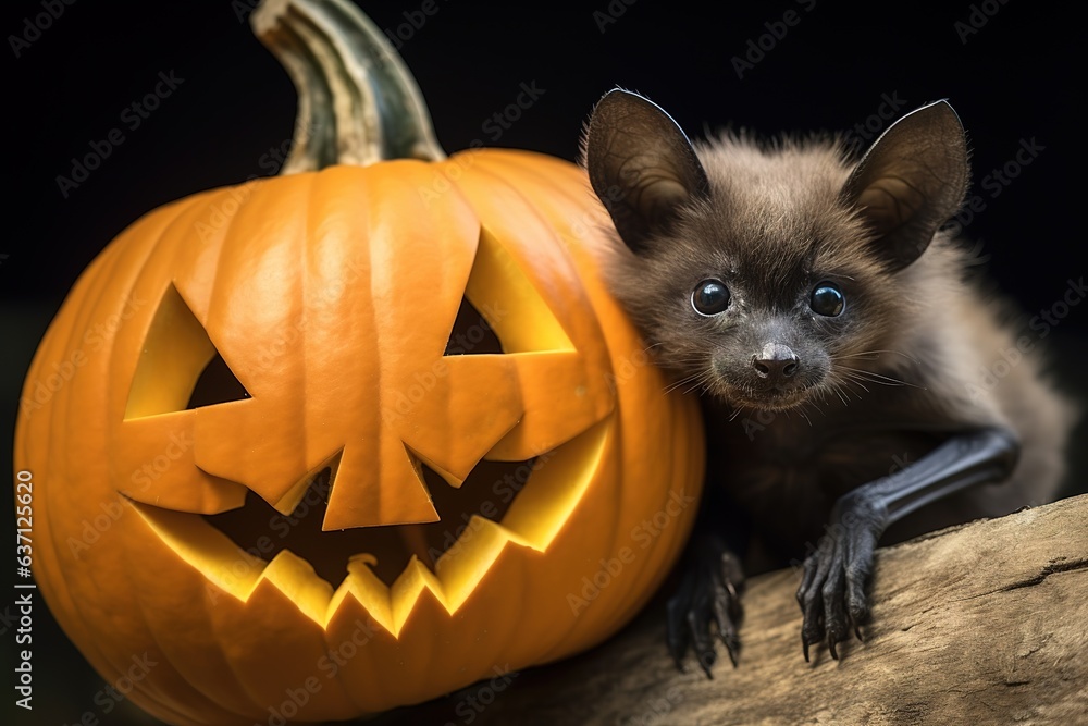 Helloween vampire bat sitting on a pumpkin. Bat spreads wings on Jack ...