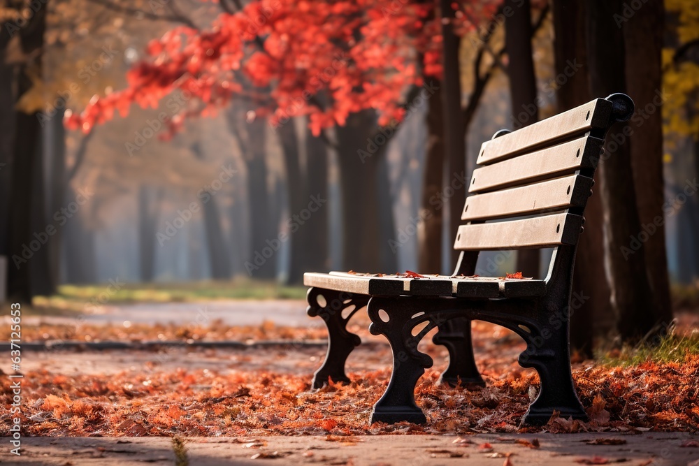 Autumn forest with a bench near a path. Autumn sparrow walk with brown ...