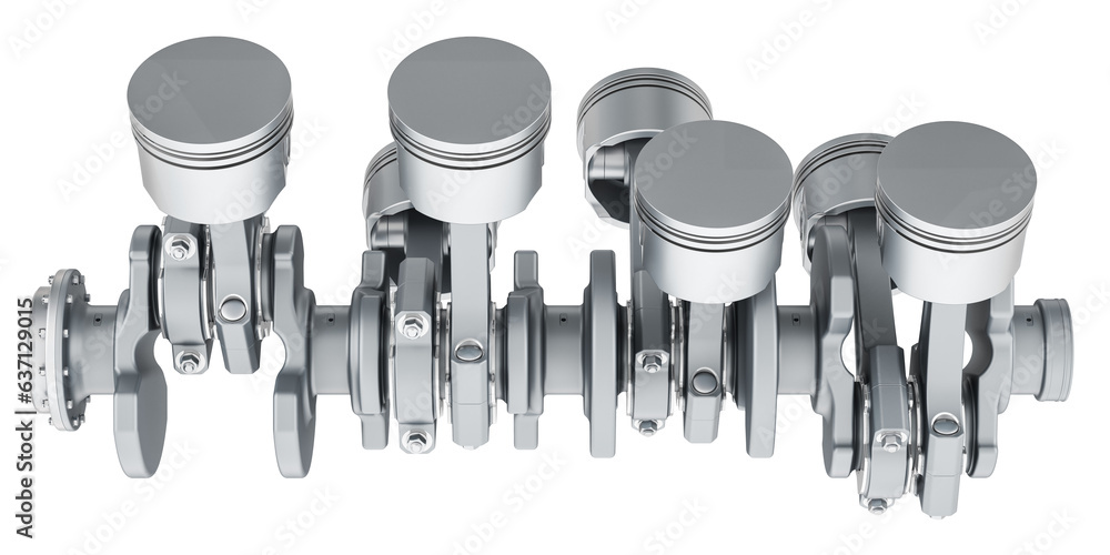 V8 engine pistons and cog, side view. 3D rendering isolated on ...