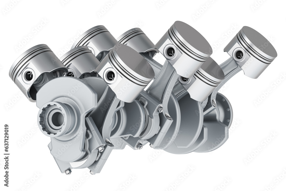 Poster V8 engine pistons on crankshaft, 3D rendering isolated on ...