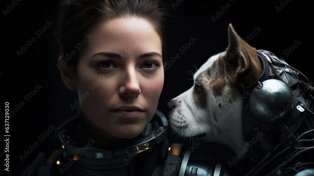 Beautiful female robot with her robotic metal sniffer dog at work ...