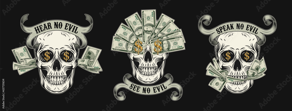 Labels with skull, cash money, 100 dollar bills, dollar sign, vintage ...