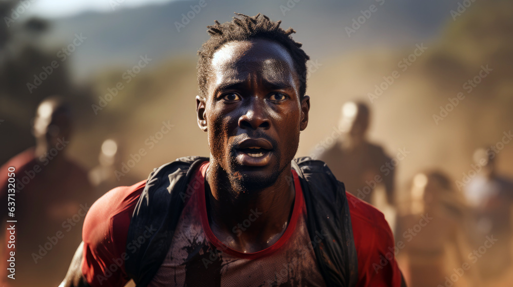 Kenyan marathon runner, sweaty and determined, crossing the finish line ...