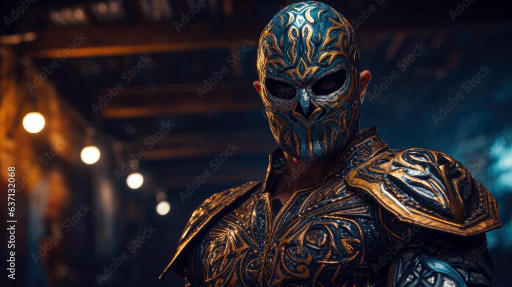 Masked Luchador wrestler in vibrant costume, striking a dynamic pose ...