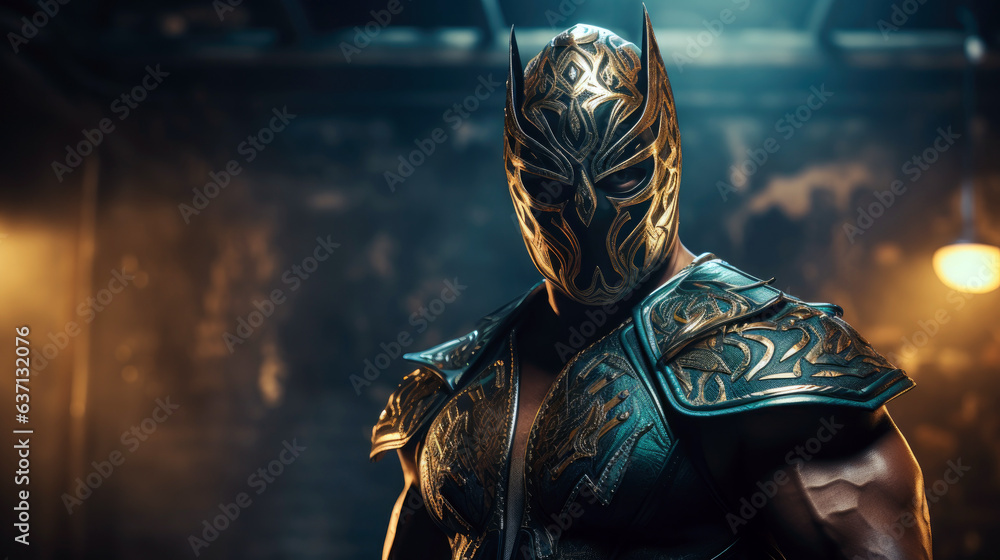 Masked Luchador wrestler in vibrant costume, striking a dynamic pose ...