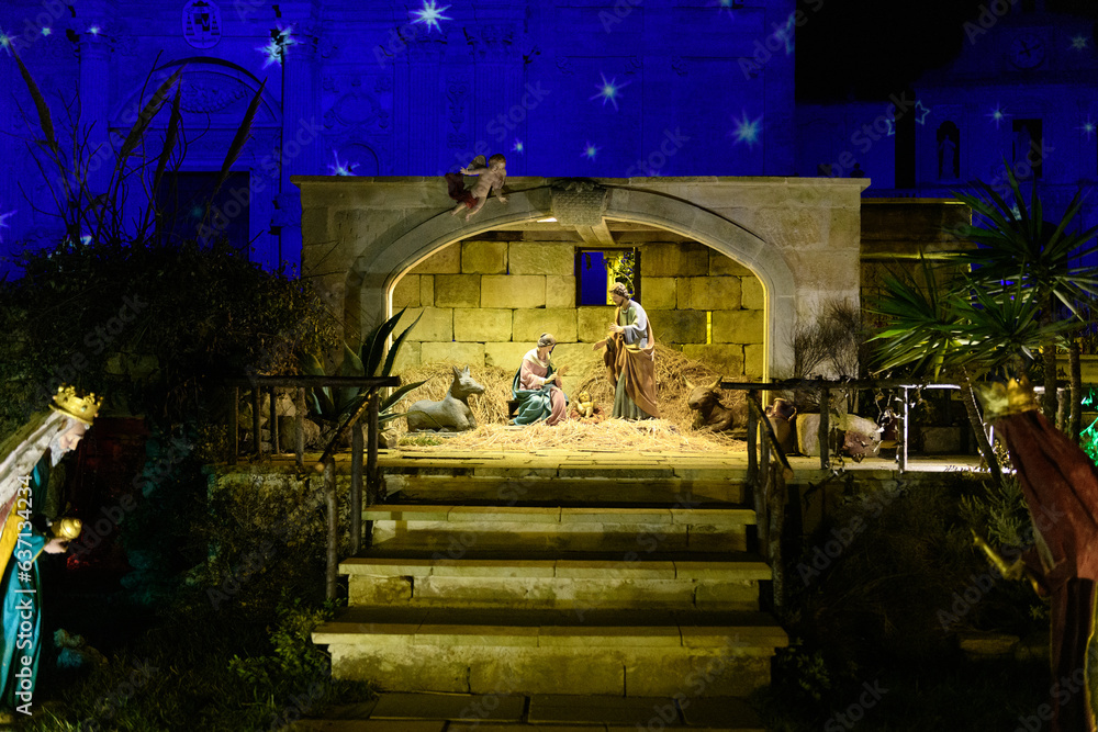 Christmas Nativity scene in the square in Lecce, Apulia, Italy. Italian ...