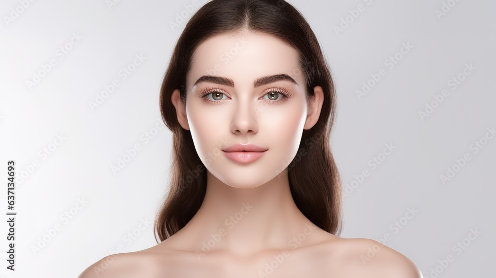 A woman's close-up portrait exudes natural beauty with clean makeup and ...