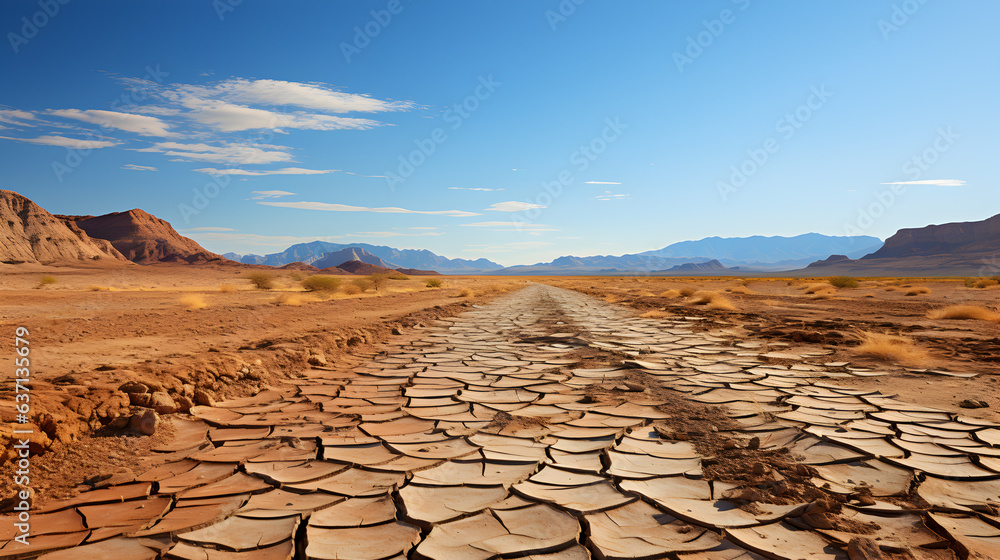Cracked land at dry desert, orange backed earth, blue sky, desert ...