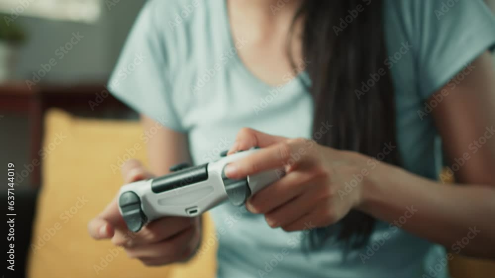 Close up of girl gamer hands holding joystick for play station. Young ...