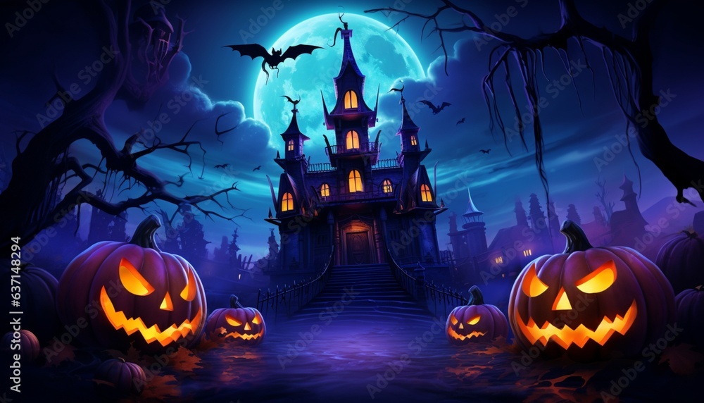 Halloween background spooky night with evil pumpkin Stock Photo | Adobe ...