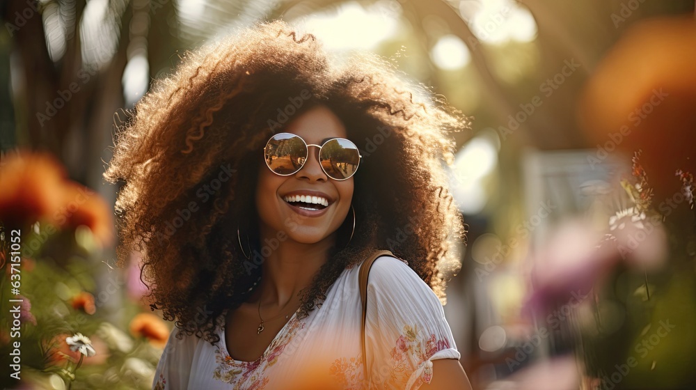 young latina woman with afro hair and sunglasses while walking in a ...