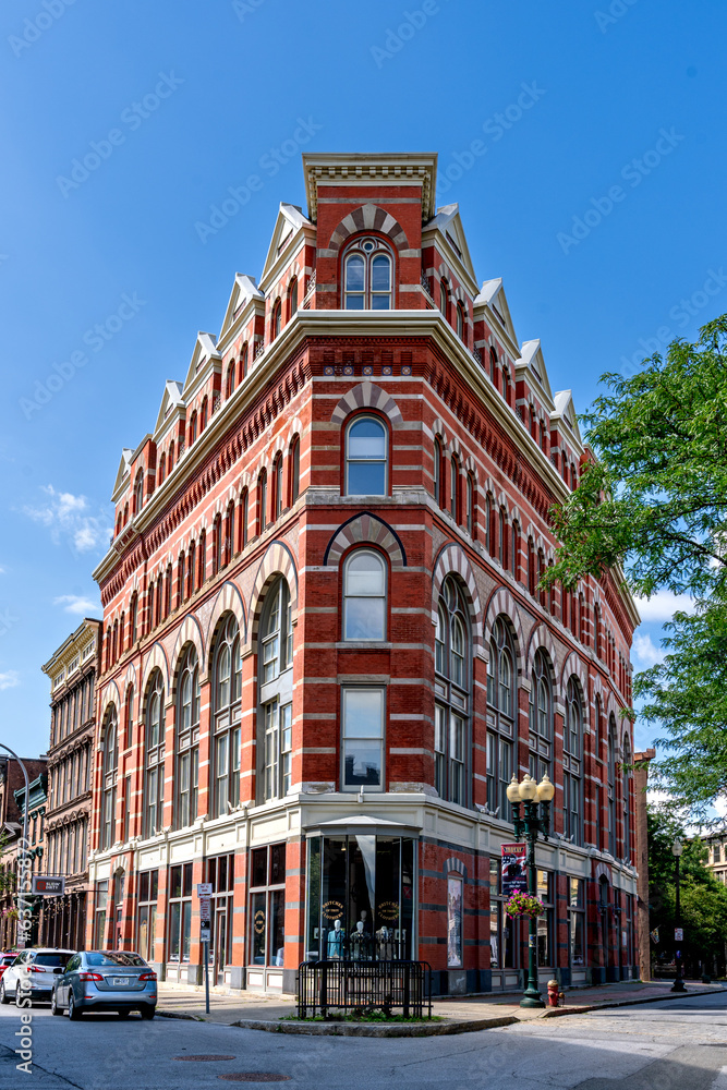 Troy, NY – US – Aug 13, 2023 Vertical view of the historic Rice ...