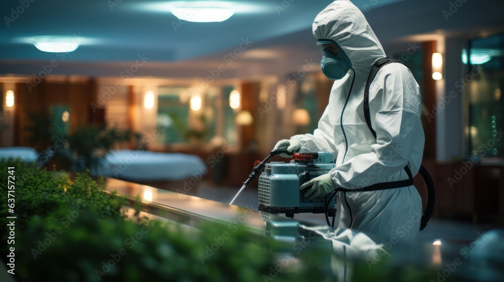 People in overalls treat the premises with a disinfectant and ...