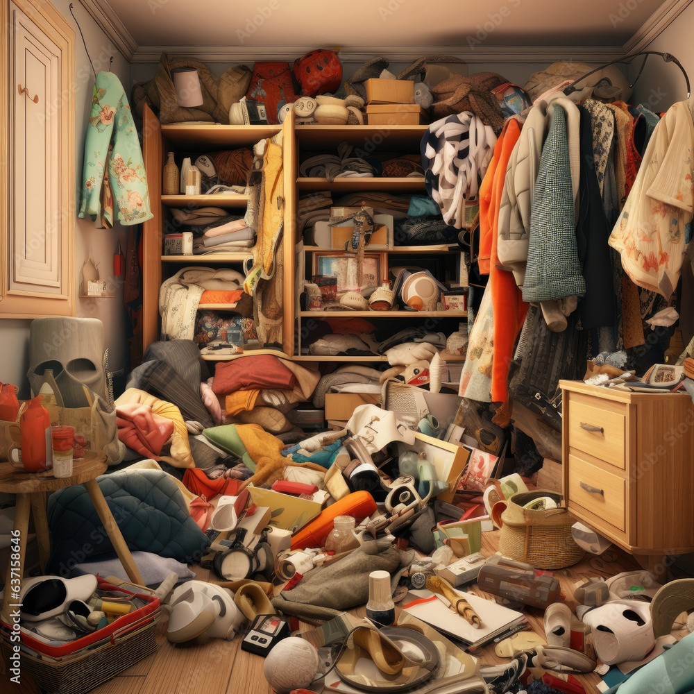 Very cluttered, overflowing, overpacked closet room. Hoarding Stock ...