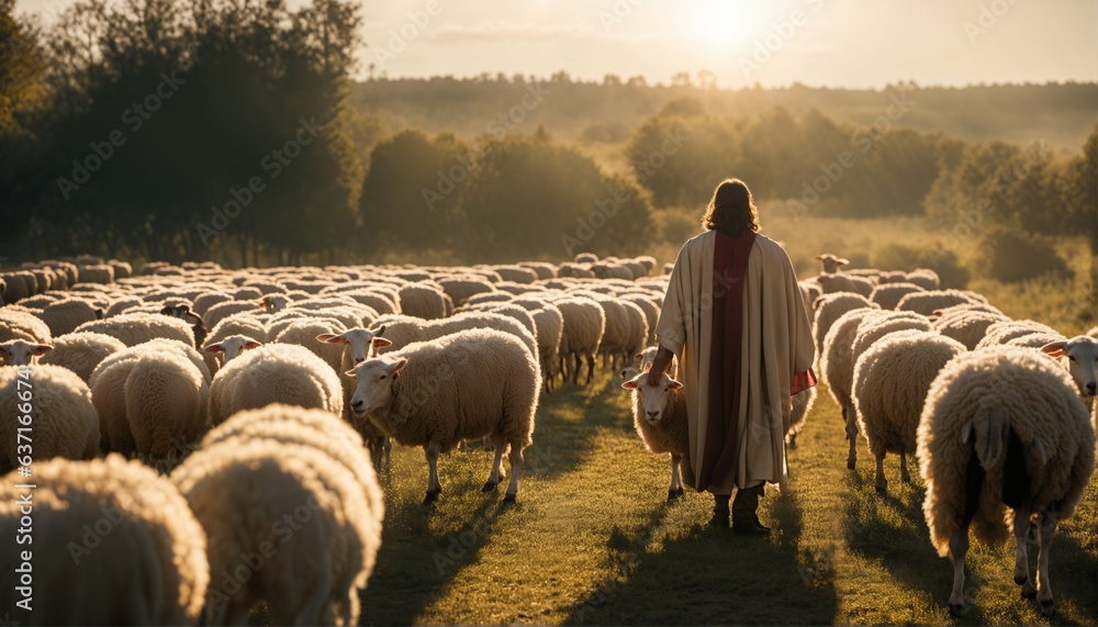 Jesus Christ the shepherd leading sheep and praying to God in a field ...