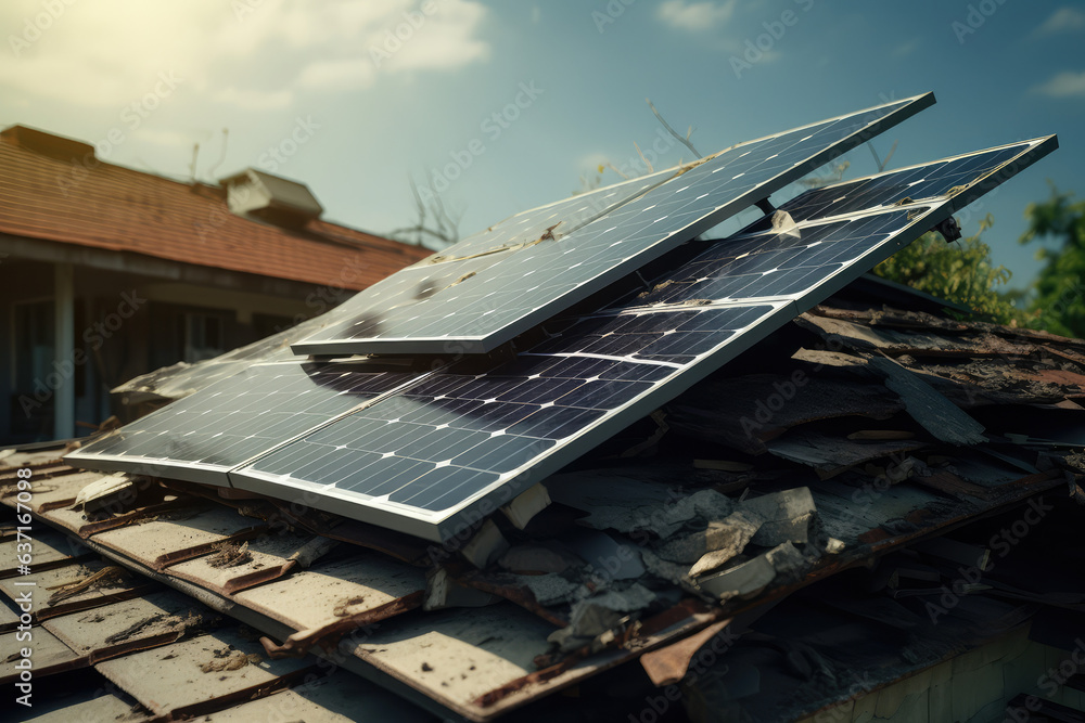 Solar panel on home roof sun system. Destroyed after the hurricane ...