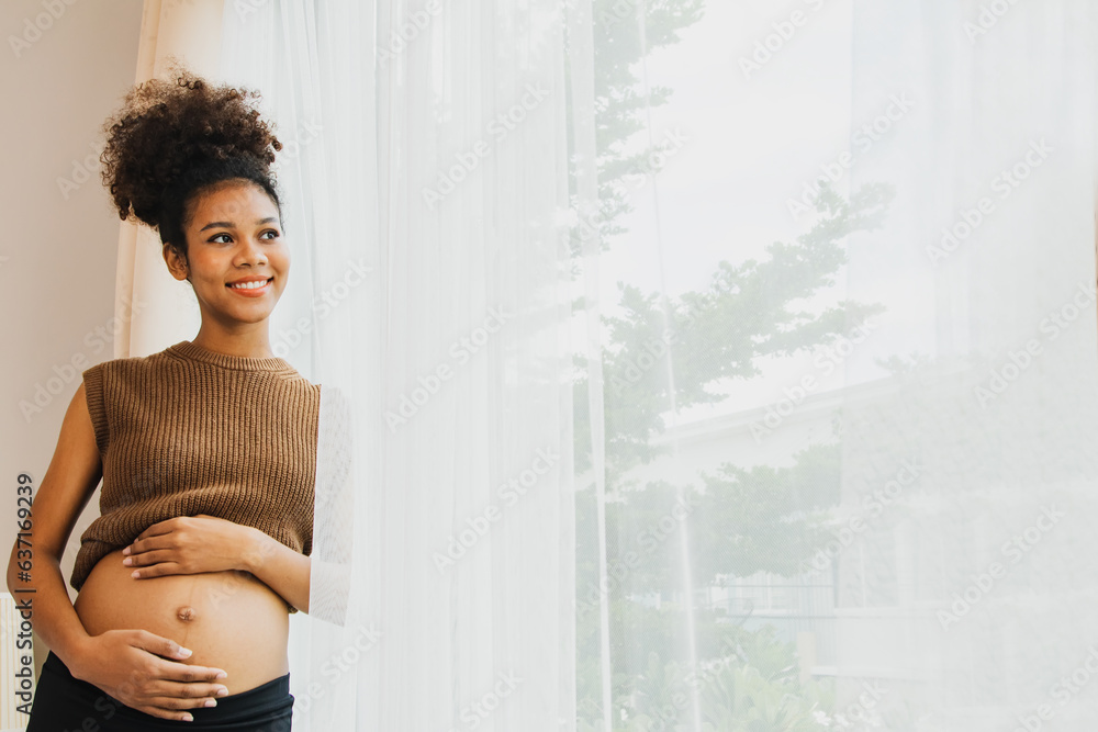 Pregnant new mom Thai-African descent stands near window at home first ...