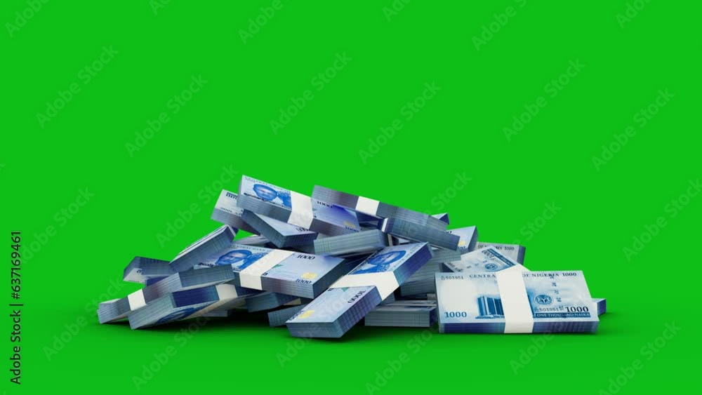 3d rendering of stacks of 1000 Nigerian naira notes falling on green ...