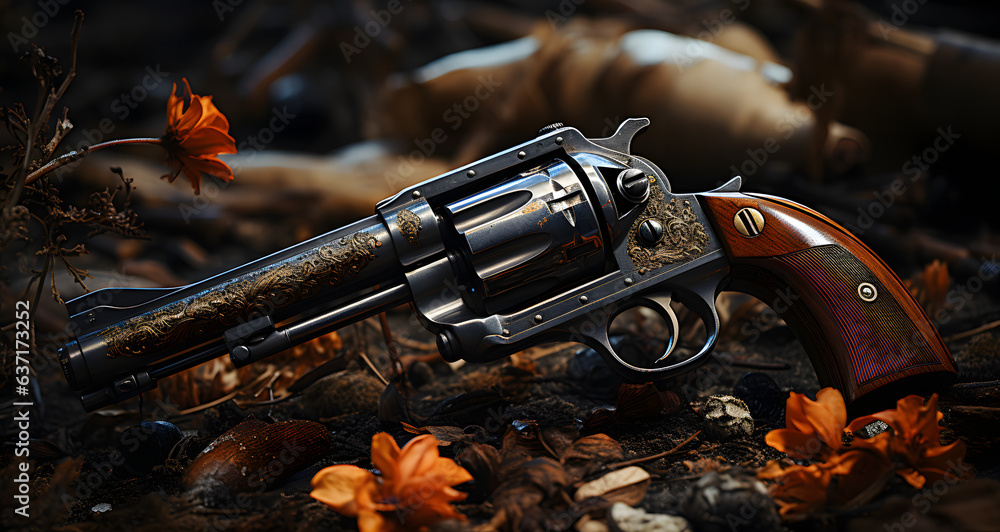 a revolver is sitting on the ground next to the flowers Stock Photo ...