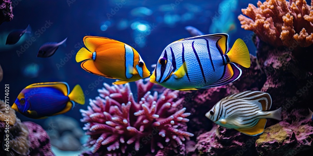 Exploring wonders. Colorful aquarium world. Aquatic paradise. Exotic ...