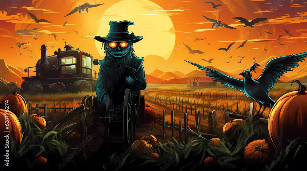 Halloween background in farm with a corn maze and a pumpkin . Halloween ...