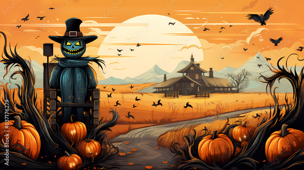 Halloween background in farm with a corn maze and a pumpkin .Halloween ...