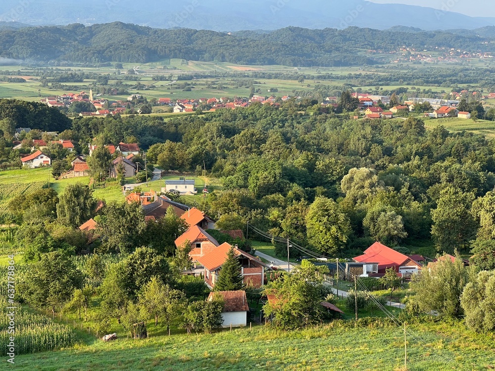 View of forests, fields, villages and Zagorje hills, during a panoramic ...