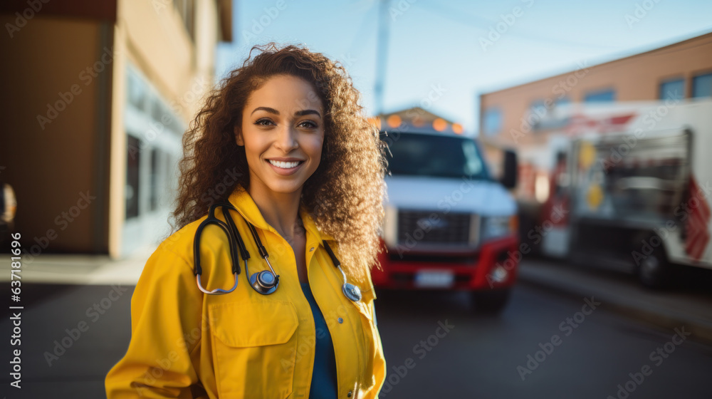 Portrait of a Female EMS Paramedic Proudly Standing in Front of Camera ...
