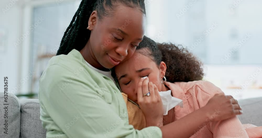 Crying, empathy and woman hugging her friend for breakup, divorce or ...