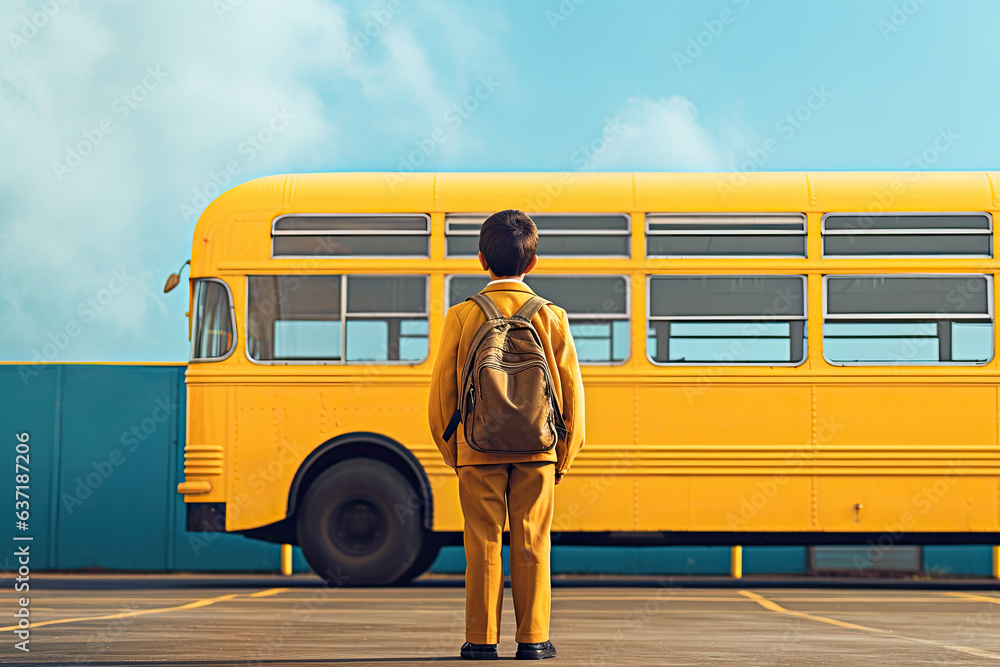 Elementary school boy at the front of the school bus queue Stock Photo ...