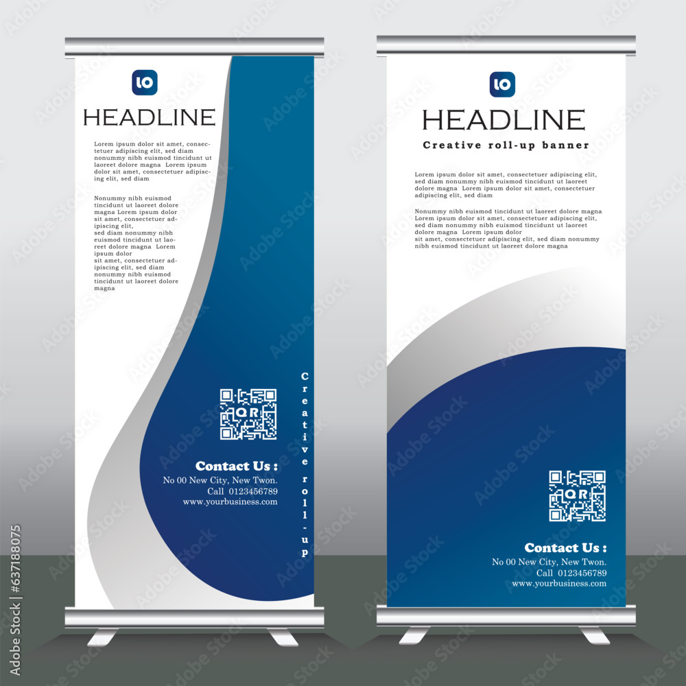 roll up banner design and vector template. blue and black color ...