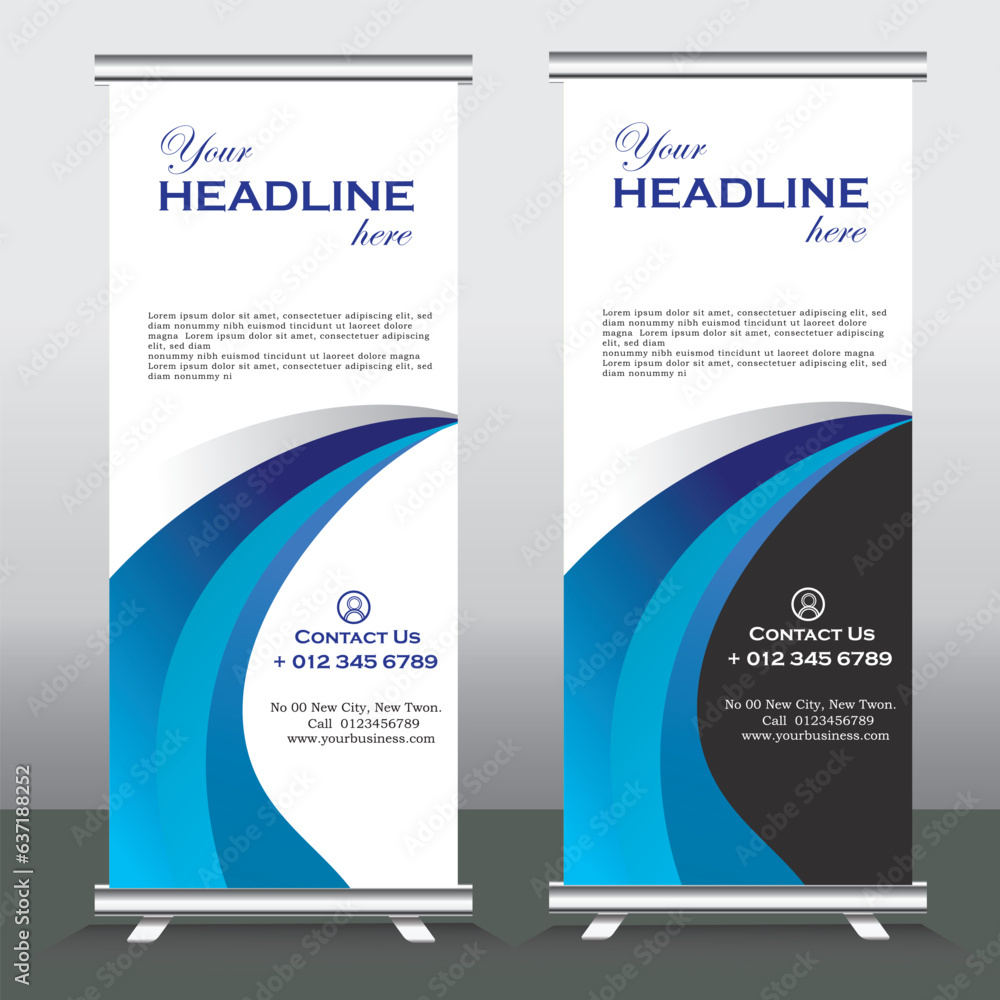 roll up banner design and vector template. blue and black color ...