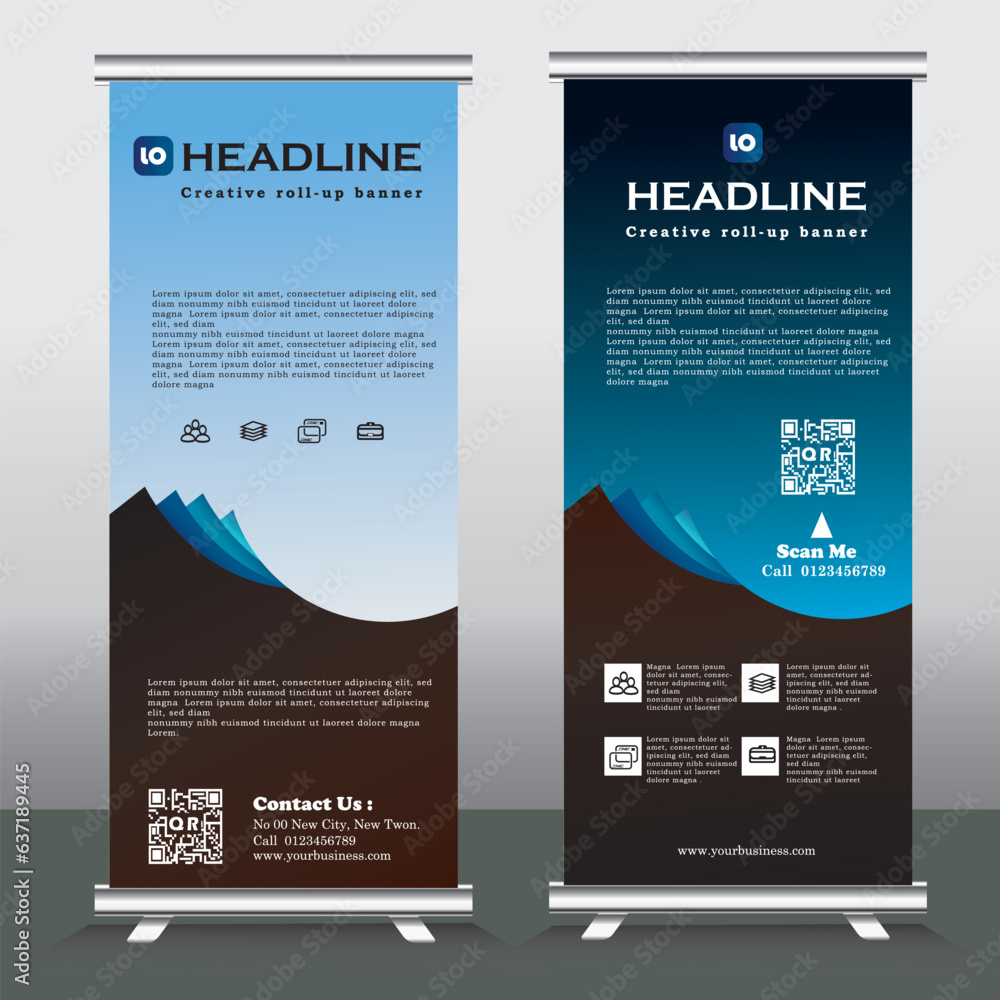 roll up banner design and vector template. blue and black color ...