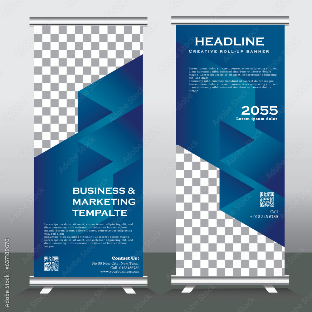 roll up banner design and vector template. blue color, standee banner ...