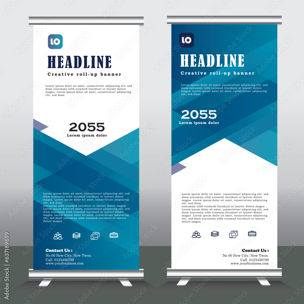 roll up banner design and vector template. blue color, standee banner ...