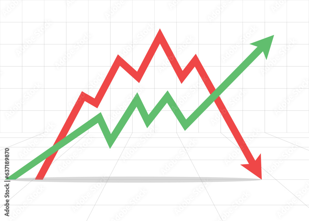 green arrow up and red arrow pointing down stock market concept ...