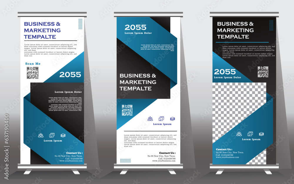 roll up banner design and vector template. blue and black color ...